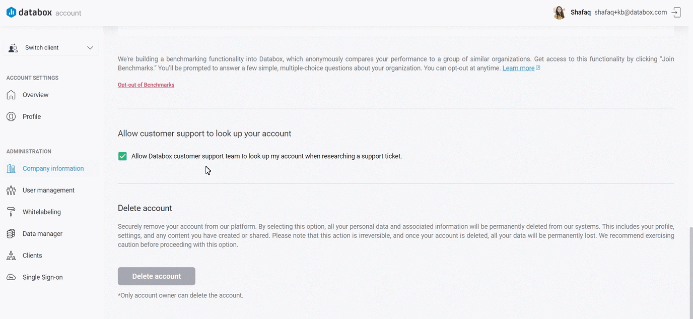 How to restrict Databox Support from accessing your Account